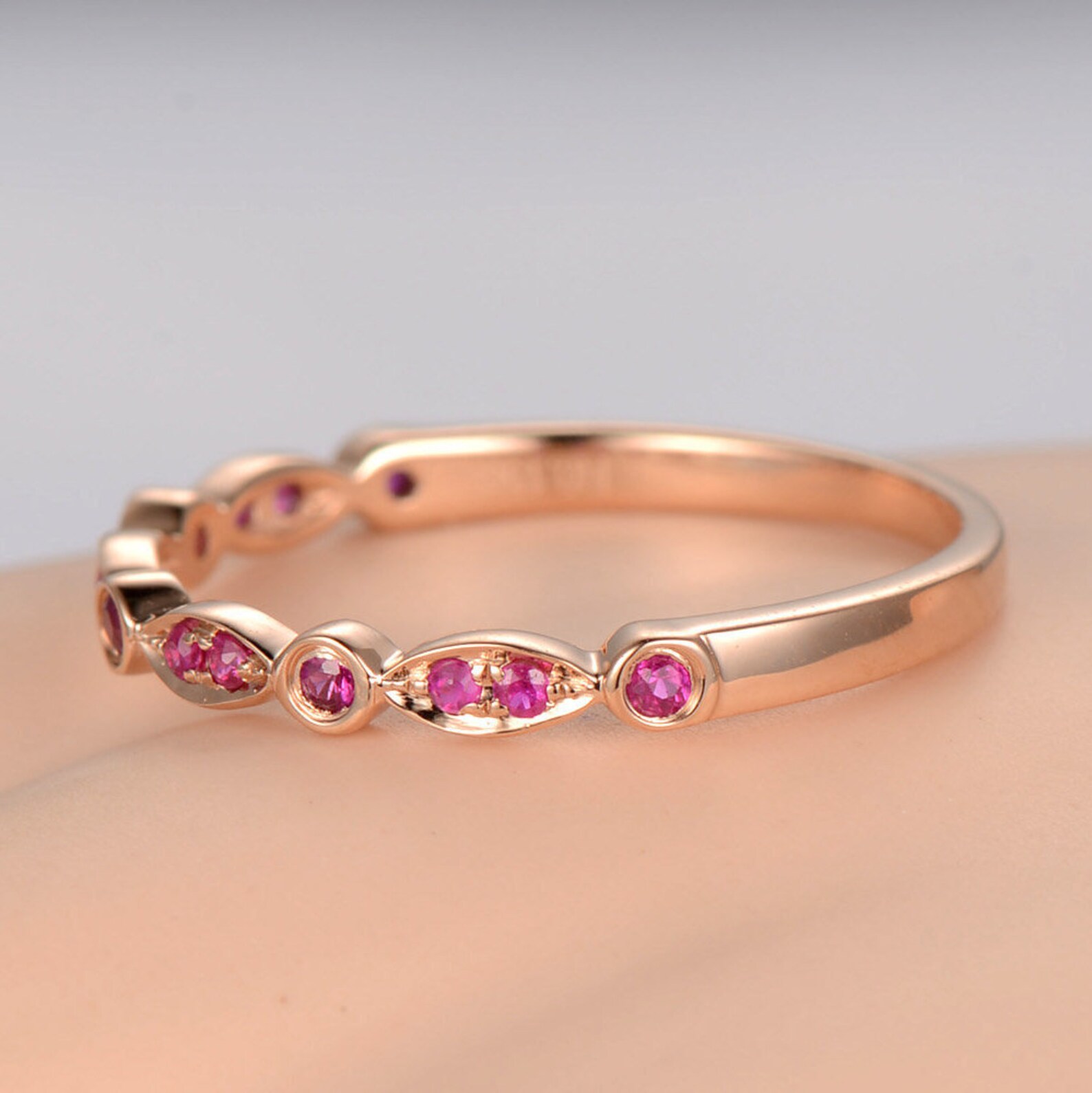 Milgrain Natural Red Ruby Wedding Band 14k Rose Gold Half Eternity Ring ...