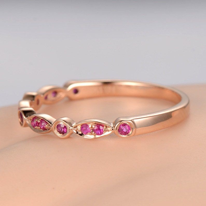 Milgrain Natural Red Ruby Wedding Band 14k Rose Gold Half - Etsy