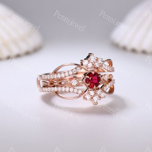 Ruby Engagement Ring Set,diamond Enhancer Band,vintage Ruby Rings for ...