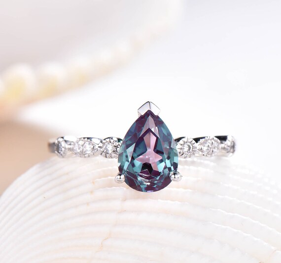 Pear Shaped Alexandrite Diamond Engagement Ring White Gold | Etsy