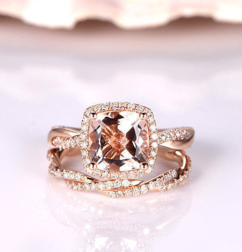 Morganite Ring Set Rose Gold Morganite Engagement Ring Twist Etsy