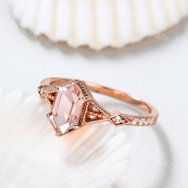 Vintage Long Hexagon Morganite Ring Diamond Rose Gold Band - Etsy