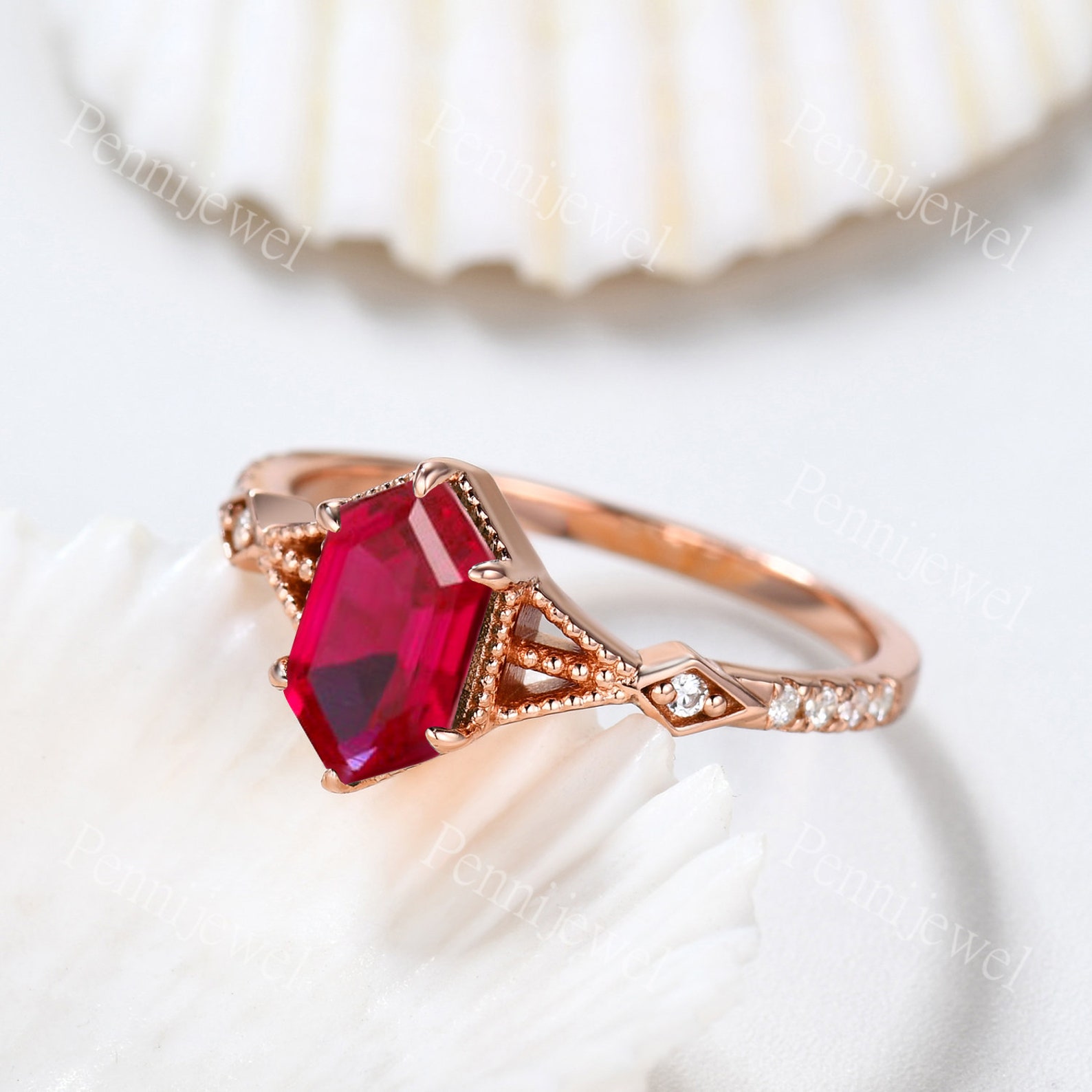 Vintage Long Hexagon Cut Red Ruby Ring Diamond Rose Gold Band - Etsy