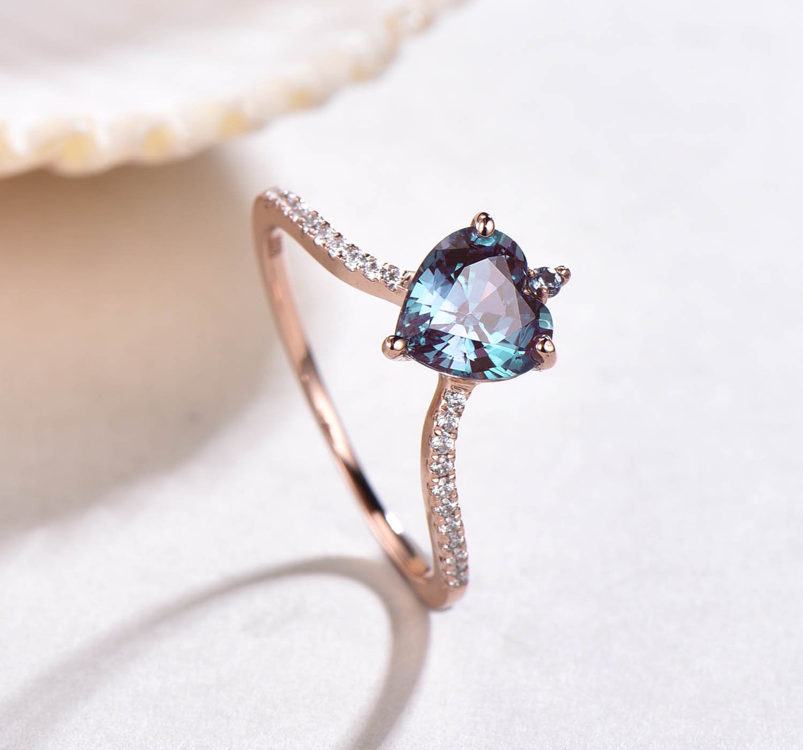 Heart Shaped Alexandrite Engagement Ring Women Unique Moissanite ...