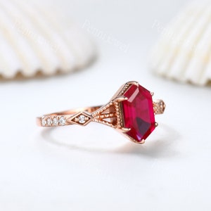 Vintage Long Hexagon Cut Red Ruby Ring Diamond Rose Gold Band Ruby ...