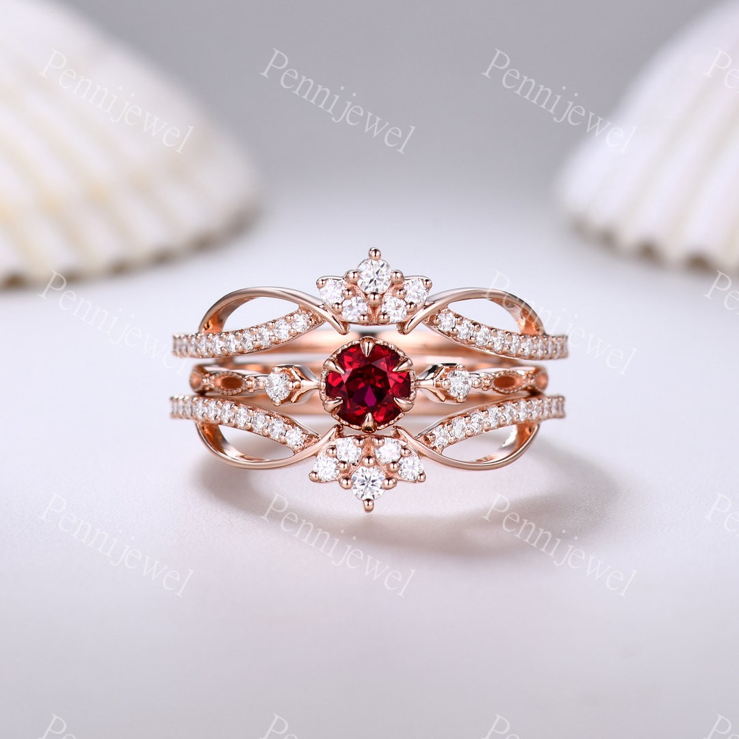 Ruby Engagement Ring Set,diamond Enhancer Band,vintage Ruby Rings for ...