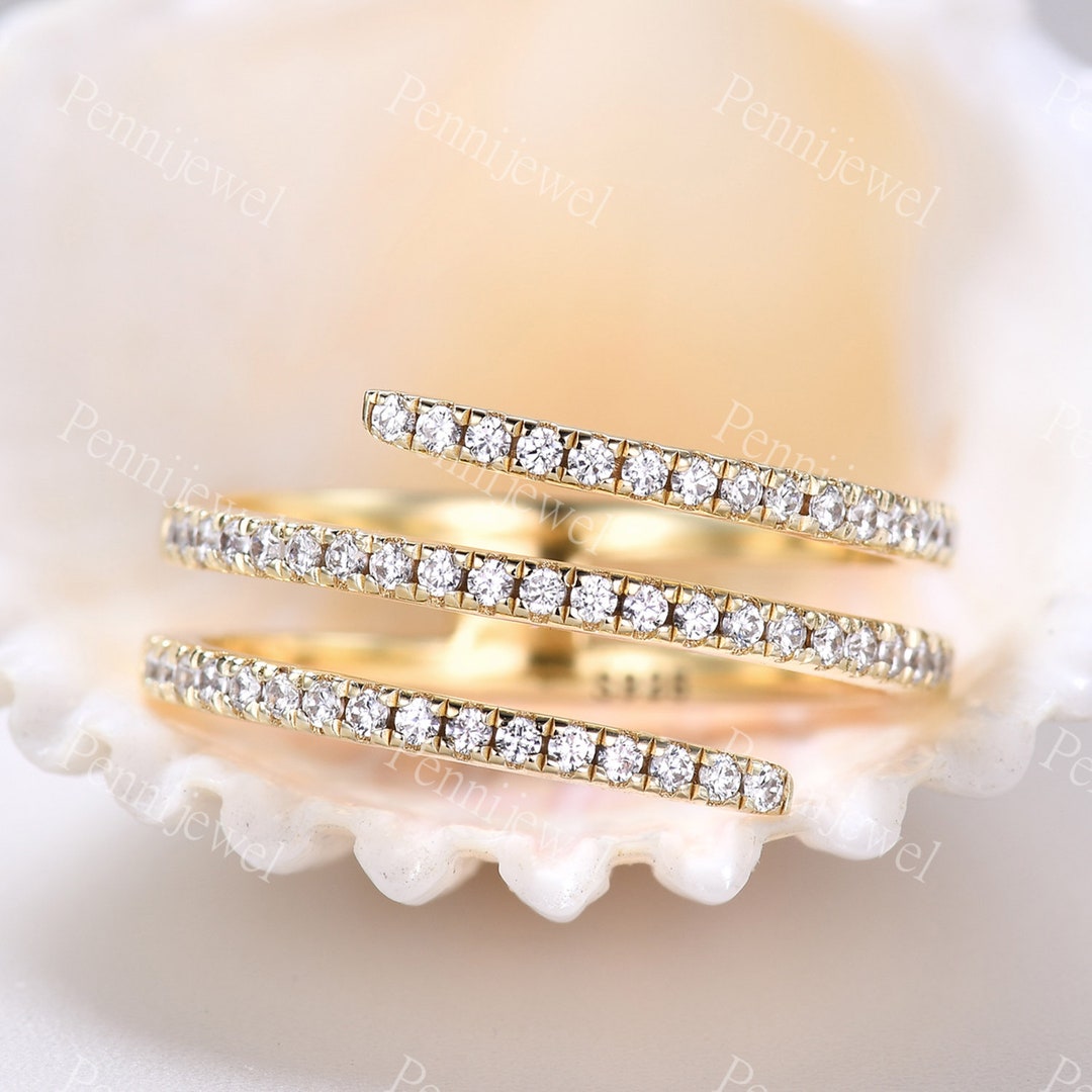 14K Diamond 3 Row Ring Crossover Stacking Wedding Band Half Eternity ...
