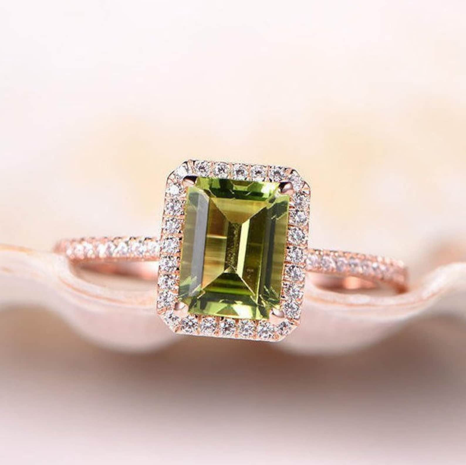 Peridot Ring Emerald Cut Peridot Engagement Ring 6x8mm - Etsy