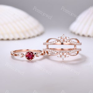 Ruby Engagement Ring Set,diamond Enhancer Band,vintage Ruby Rings for ...