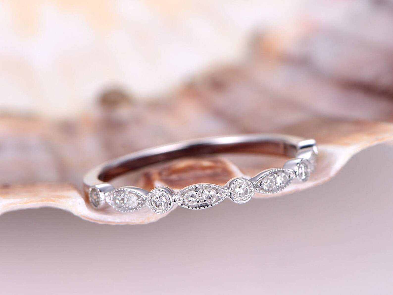 Milgrain Diamond Wedding Band Solid 14k White Gold Half - Etsy Australia