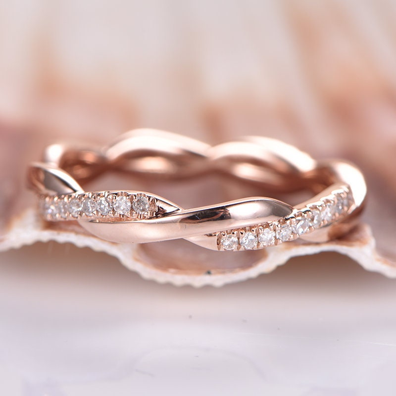 Infinity Ring Diamond Wedding Band Twist Design Solid 14k Rose Gold ...
