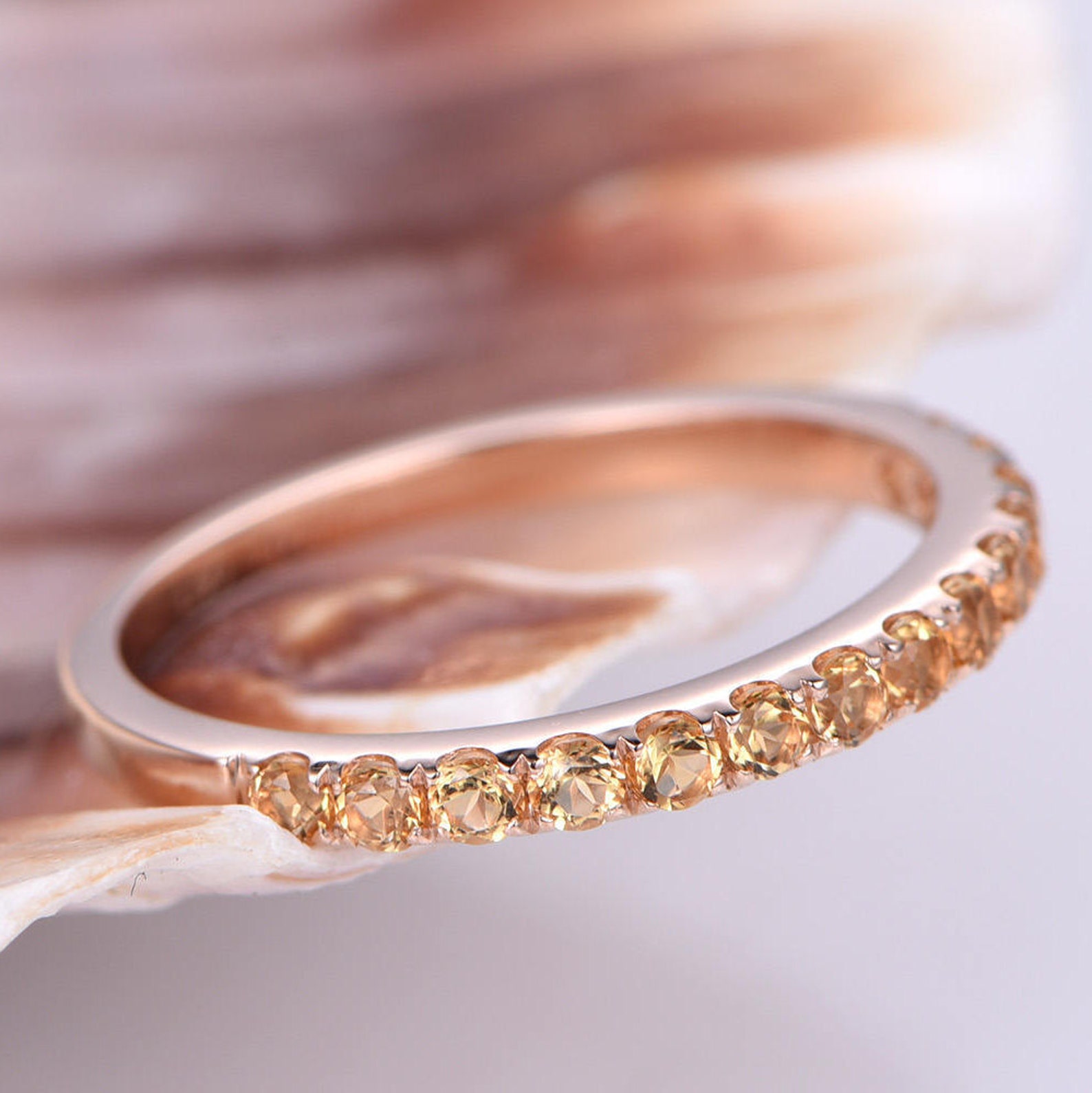Citrine Ring Gold Citrine Wedding Band Half Eternity 2mm Round | Etsy