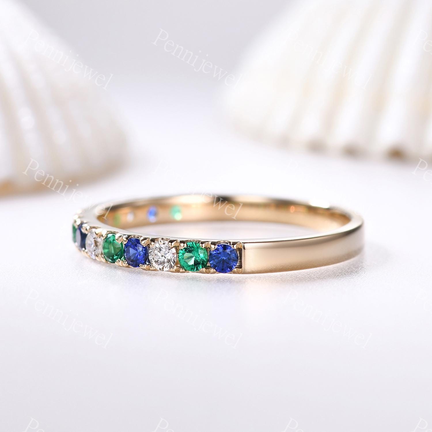 Emerald Sapphire Wedding Band,stackable Birthstone Ring,moissanite ...