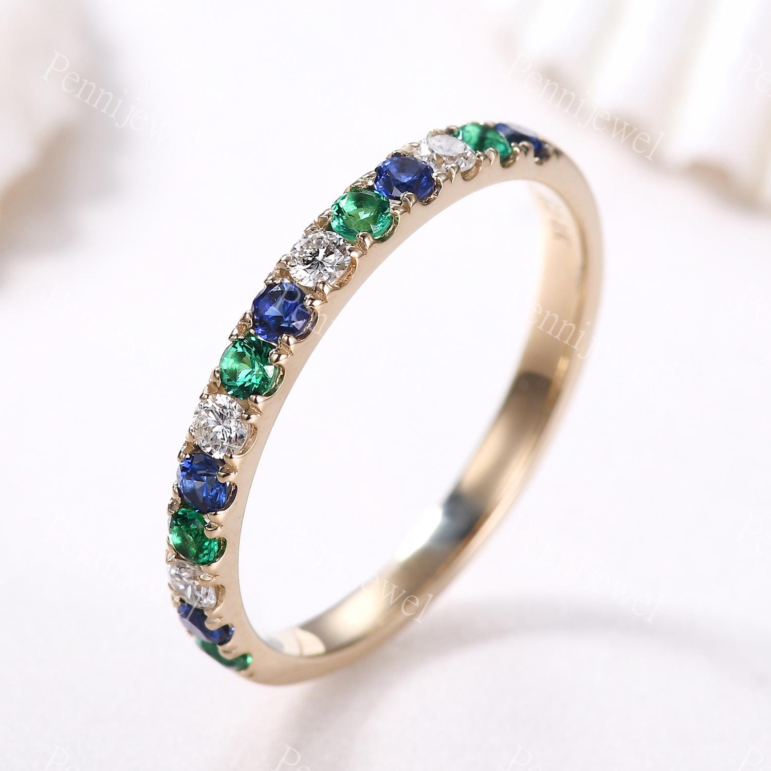 Emerald Sapphire Wedding Band,stackable Birthstone Ring,moissanite ...