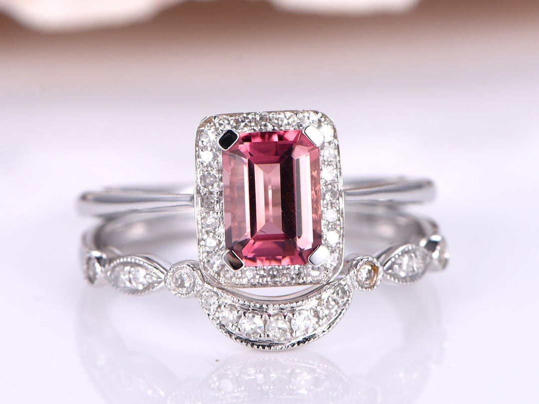 Tourmaline Engagement Ring Set Women Diamond Wedding Band 1.17ct ...