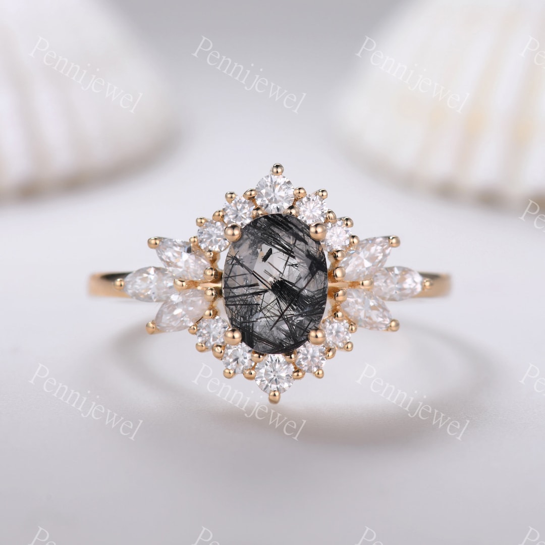 Oval Shaped Black Rutilated Quartz Engagement Ring for Women,unique ...