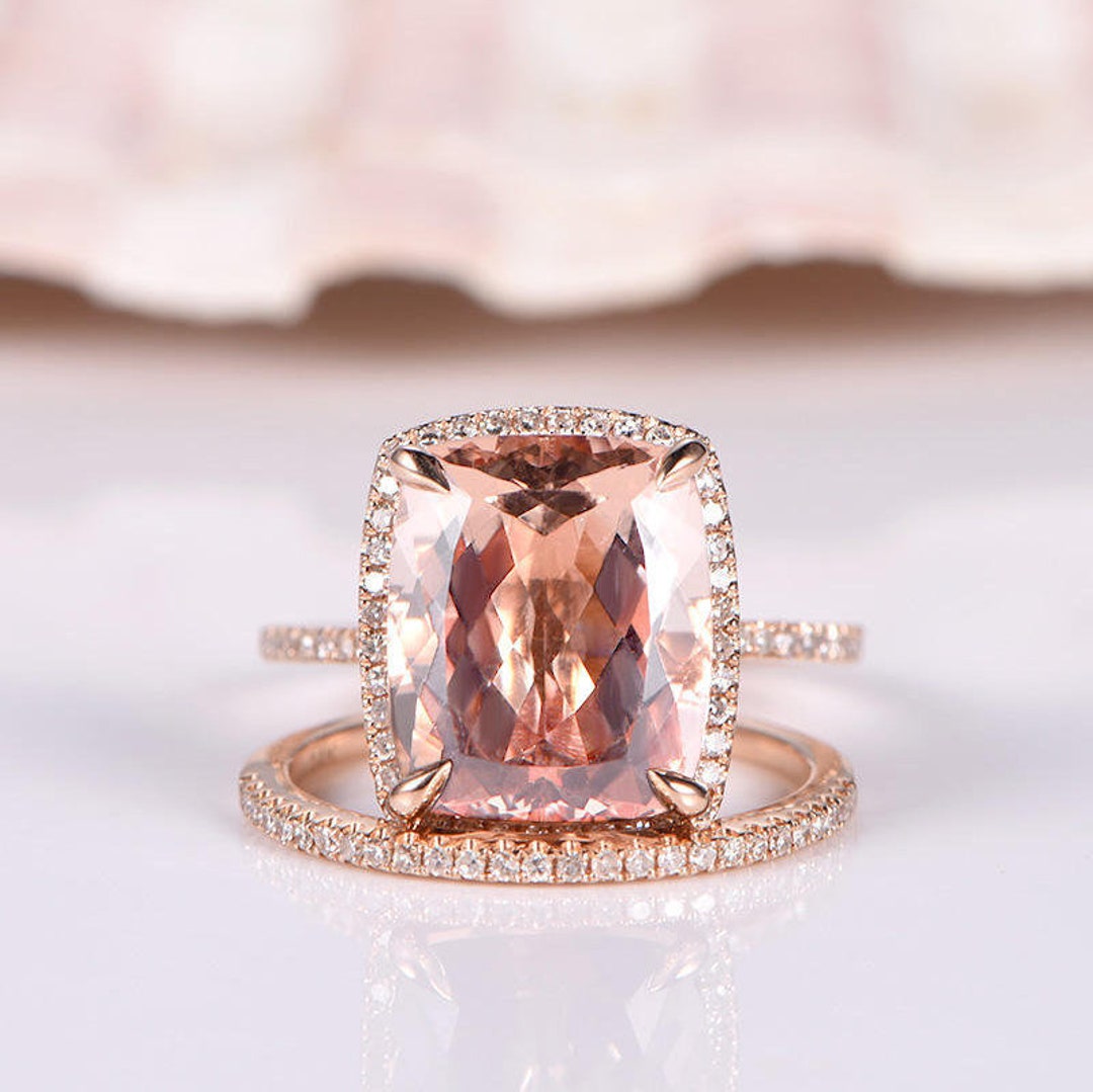 Morganite Ring Set Big Cushion Morganite Engagement Ring 10x12mm Main ...