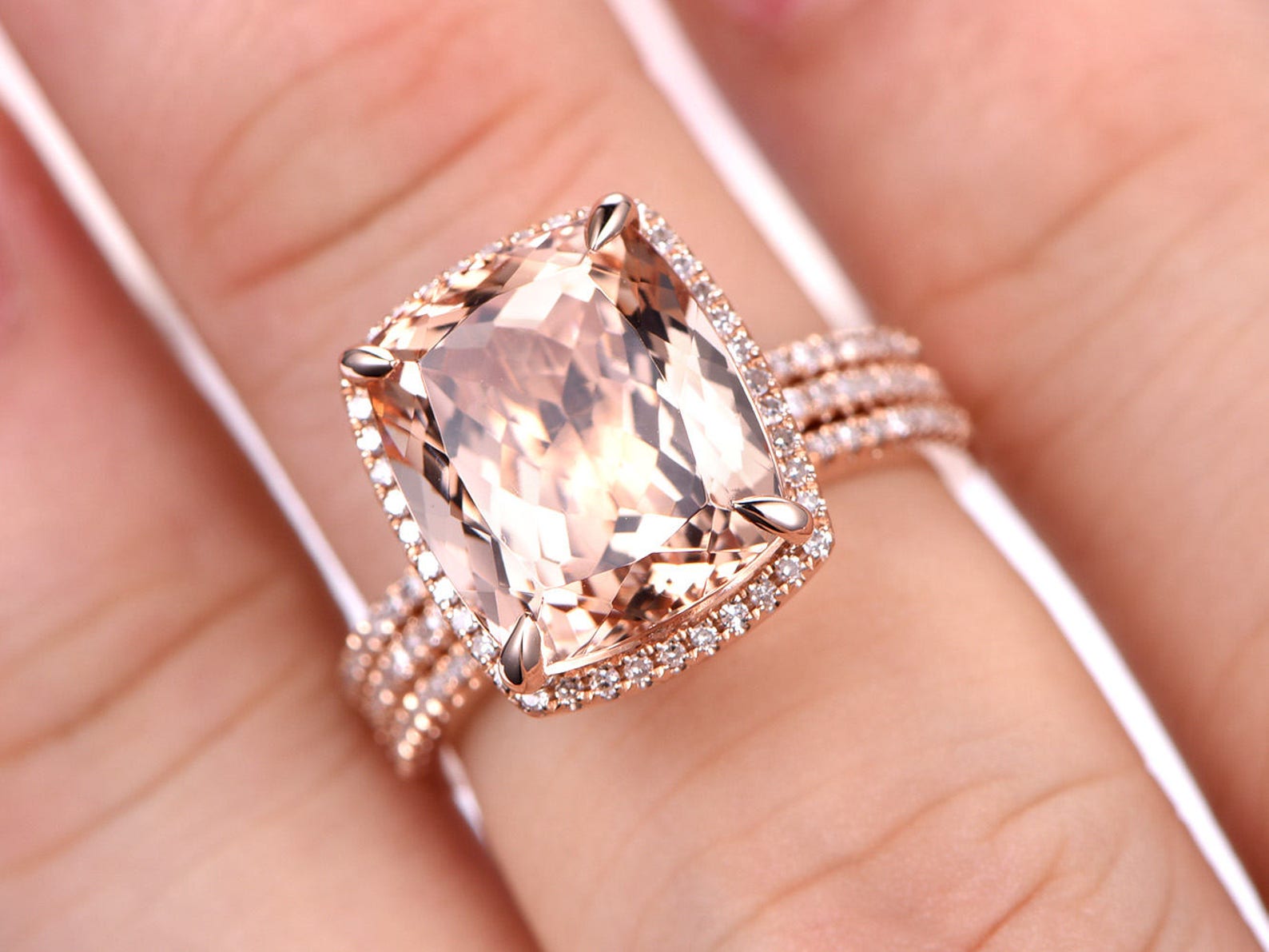 Rose Gold Morganite Engagement Ring Set Women Diamond Wedding | Etsy