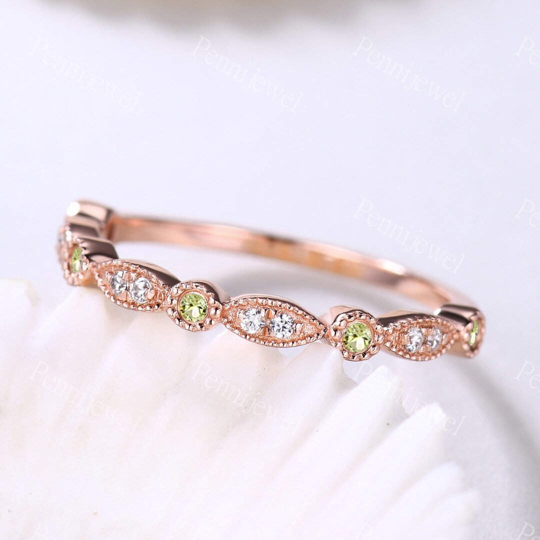 Art Deco Peridot Diamond Wedding Band,half Eternity Peridot Stacking ...