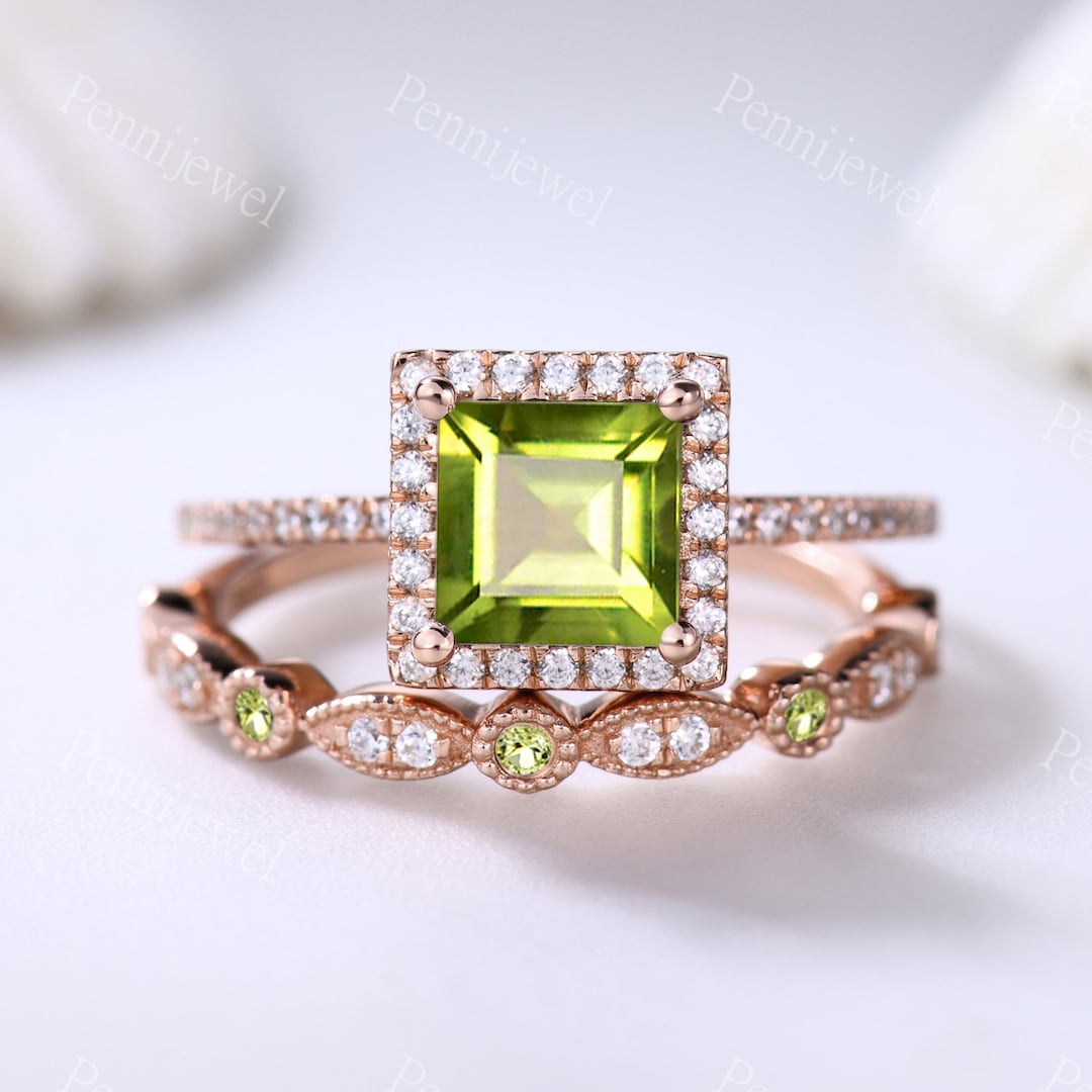 Vintage Princess Cut Peridot Bridal Ring Set Art Deco Peridot Diamond ...