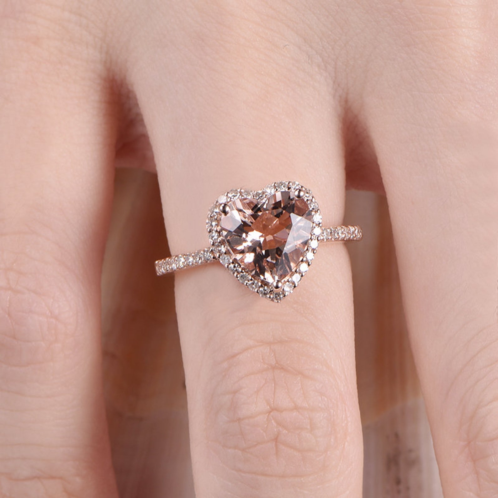 Heart Shaped Morganite Engagement Ring Rose Gold Half Eternity Diamond ...