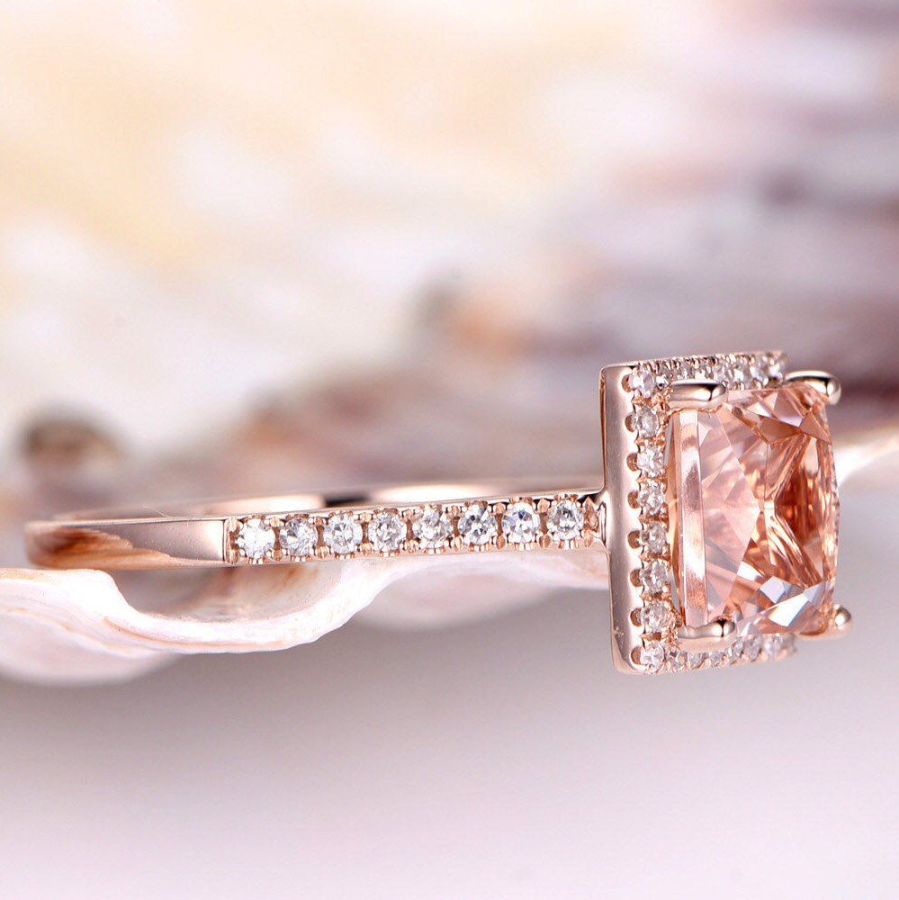 7mm Princess Cut Morganite Engagement Ring Rose Gold Natural Diamond ...