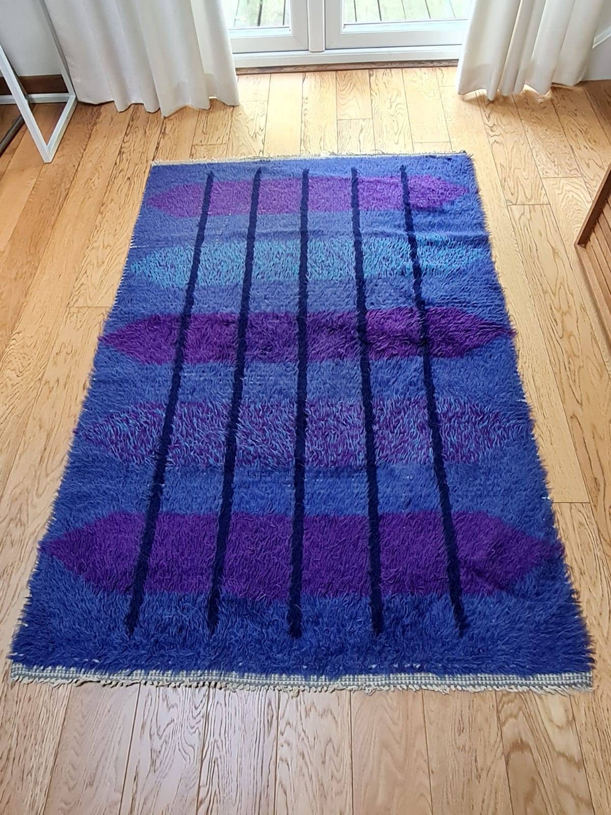 Genuine 1960s Scandinavian Rya Rug Vintage BLUE Mid Century Danish ...