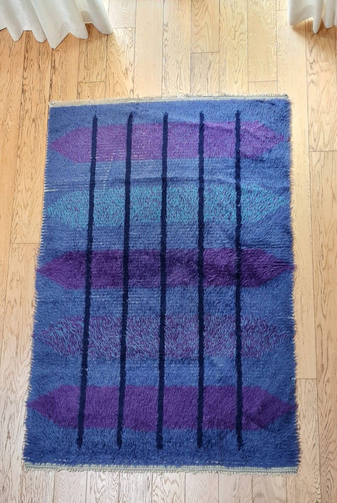 Genuine 1960s Scandinavian Rya Rug Vintage BLUE Mid Century Danish ...