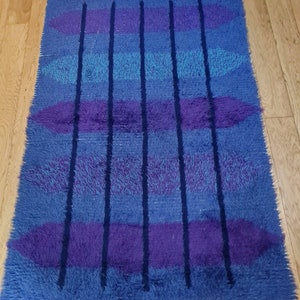 Genuine 1960s Scandinavian Rya Rug Vintage BLUE Mid Century Danish ...