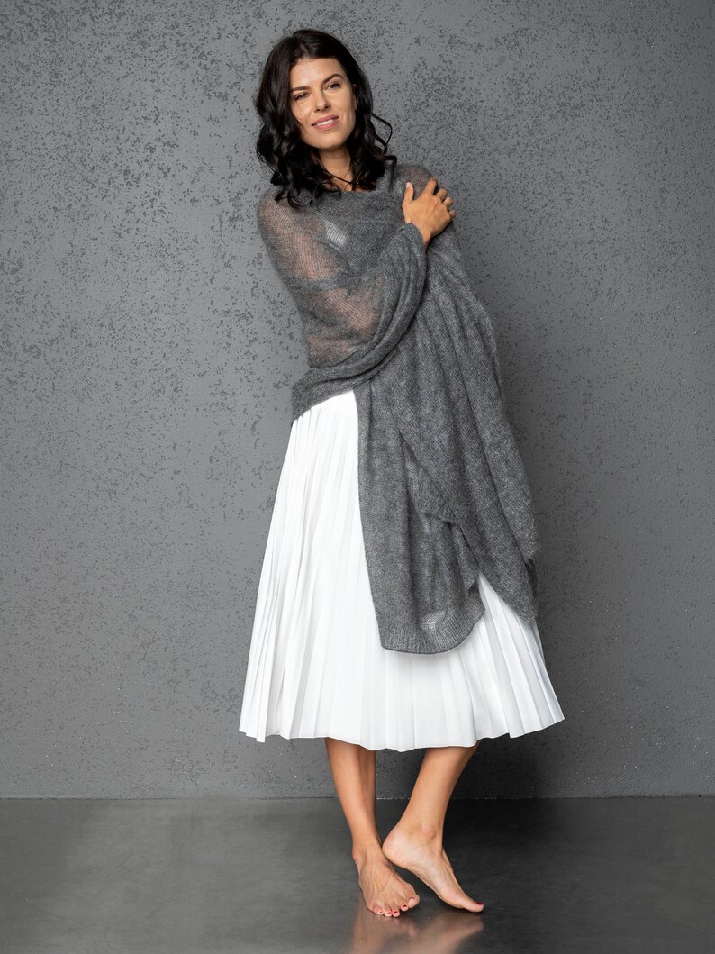 Knitted mohair wool wrap gray wool wrap wide mohair wrap | Etsy