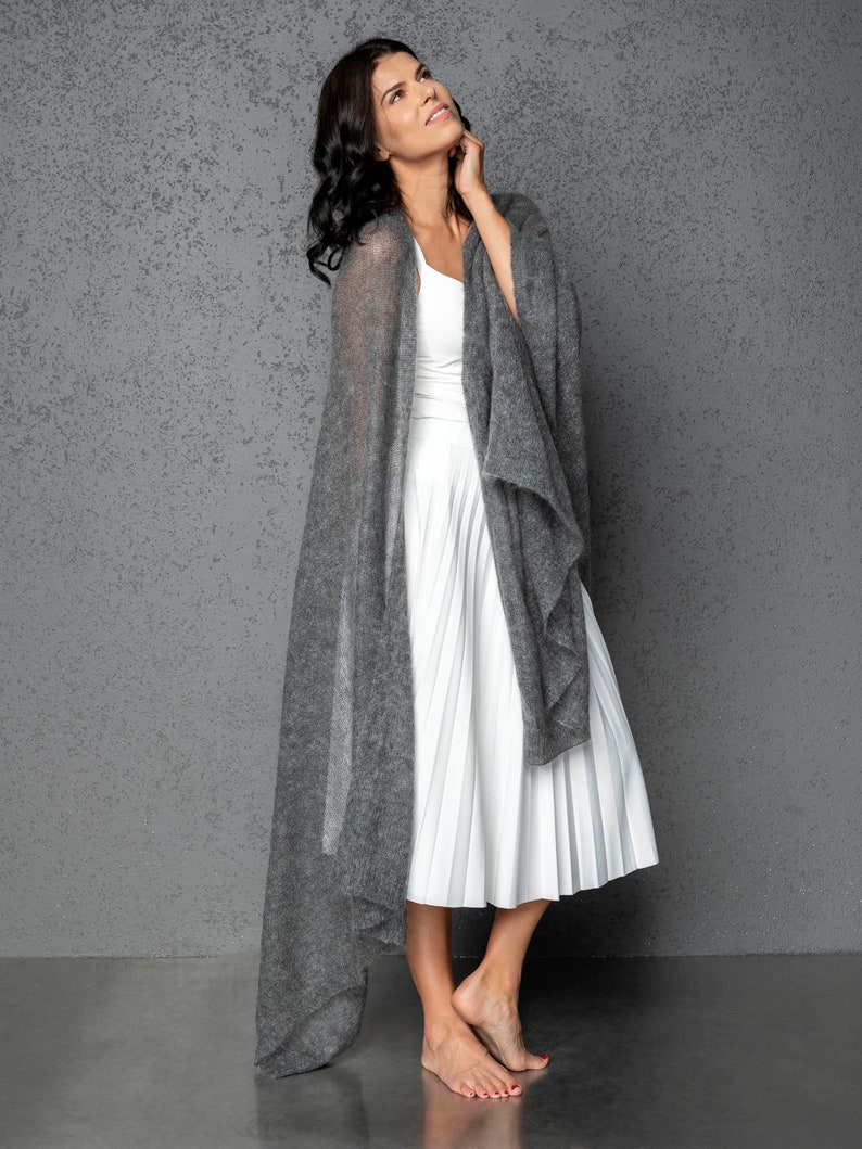 Knitted mohair wool wrap gray wool wrap wide mohair wrap | Etsy