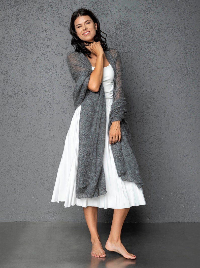 Knitted mohair wool wrap gray wool wrap wide mohair wrap | Etsy