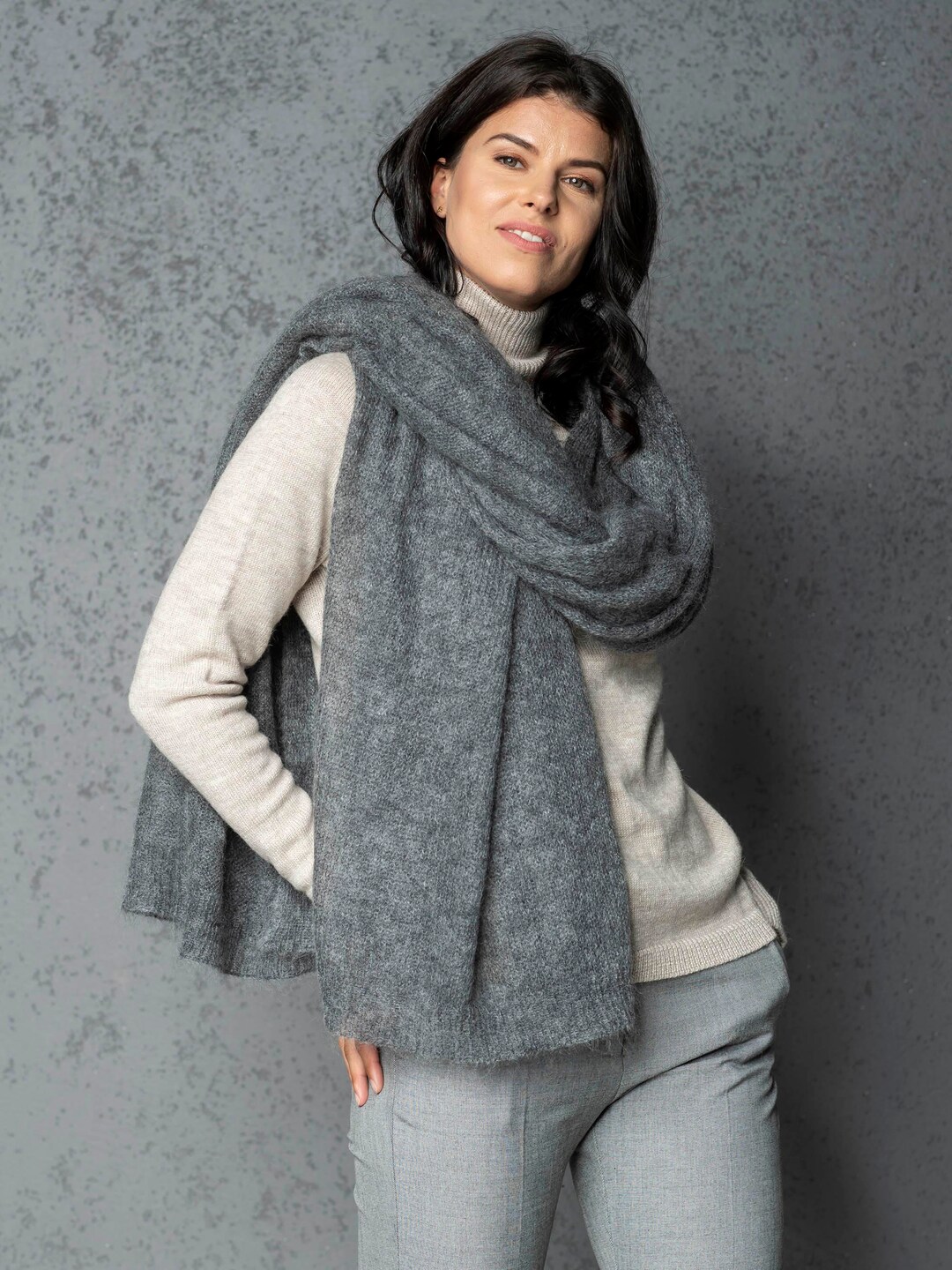 Knitted Mohair Wool Wrap, Gray Wool Wrap, Wide Mohair Wrap, Summer ...