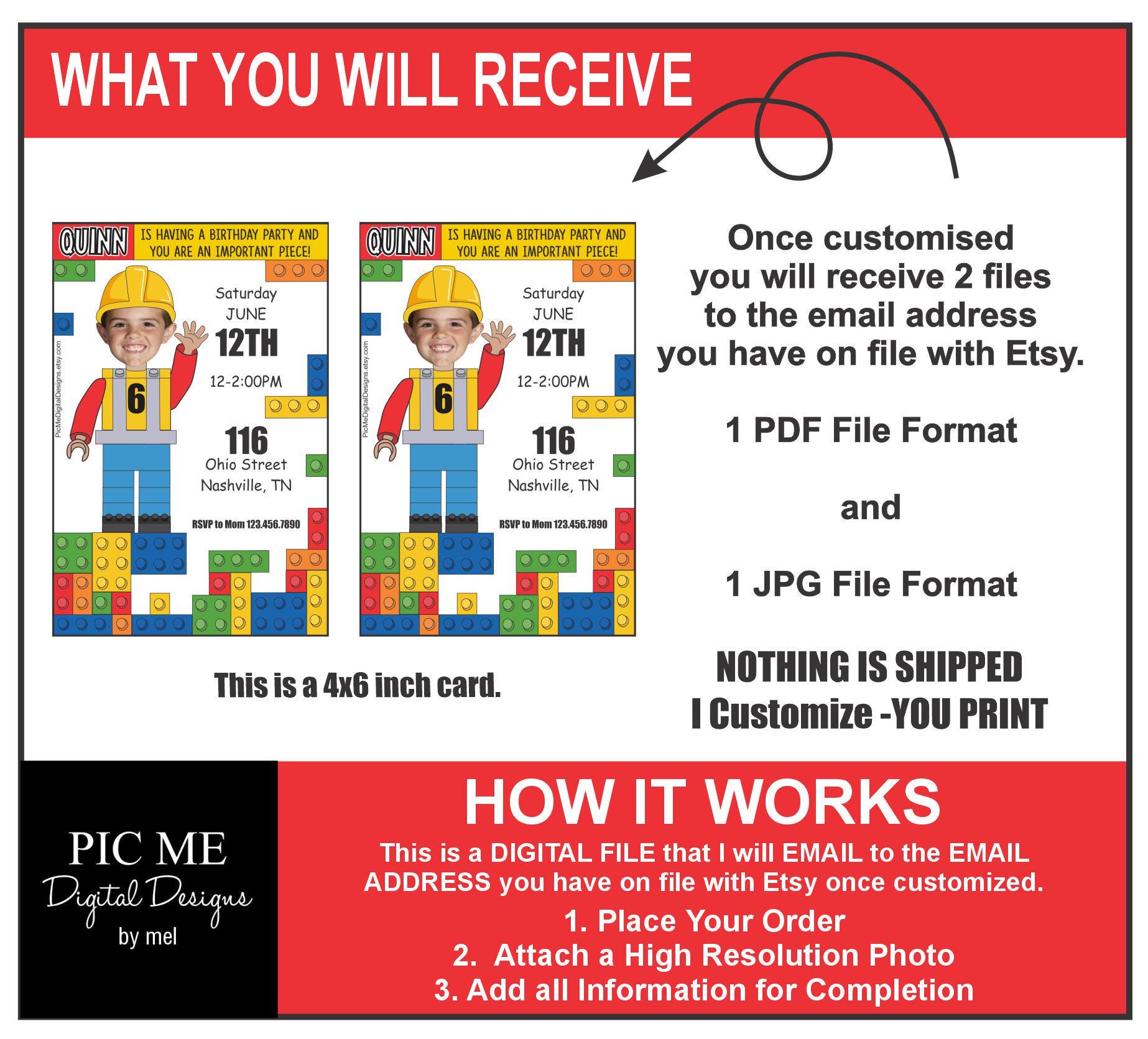 Building Blocks Photo Invitation, Brick Birthday Invite (customizable ...