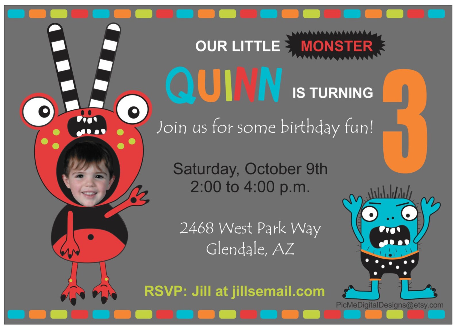 Custom Photo Monster Birthday Invitation, Custom Monster Invitation ...