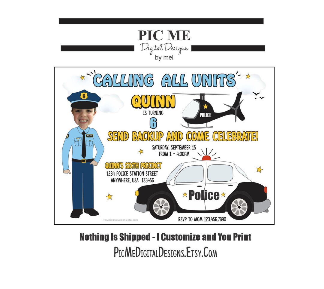 Police Office and Car Birthday Invitation, Custom Police Invite, Police ...