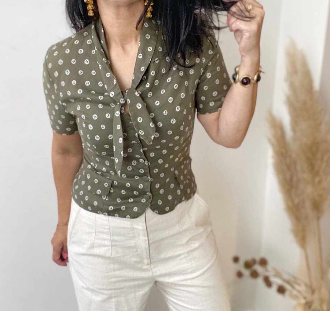 Green Polka Dot 90s Monsoon Linen Top, Neck Tie Spotty Cotton Top - Etsy