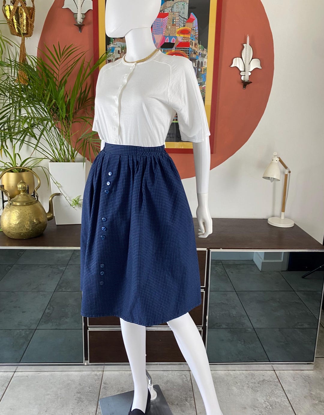 Angela Gore, UK16 Dark Blue Check Fully Circle Skirt, Preppy & Feminine ...