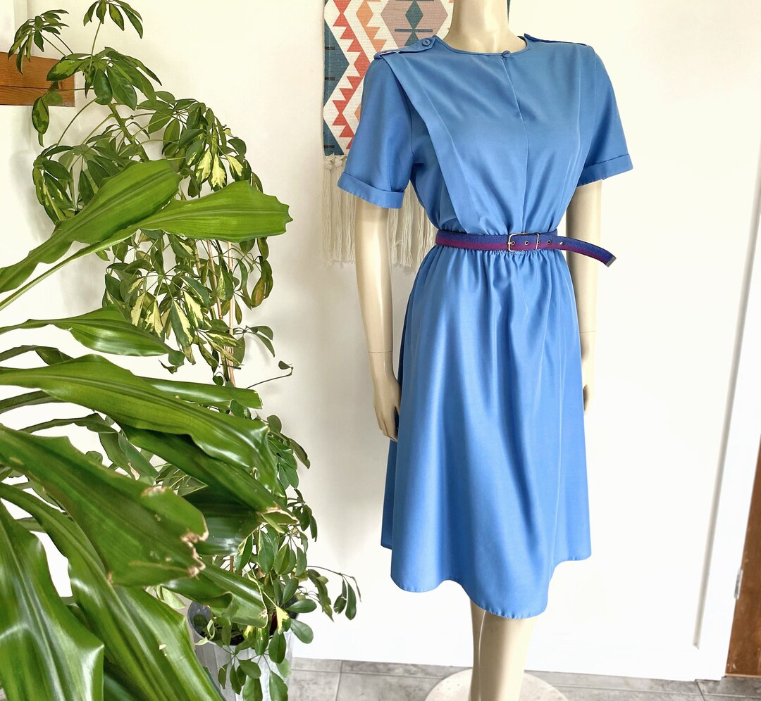 UK12, 1980s Minimalist Style Blue Vintage Utilitarian Dress, 1980s ...