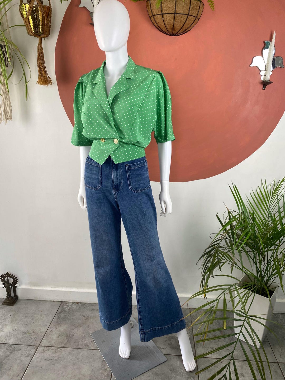 1980s, UK8 Green and White Polka Dot Blouse, Preppy Pinup Spotty Peplum ...
