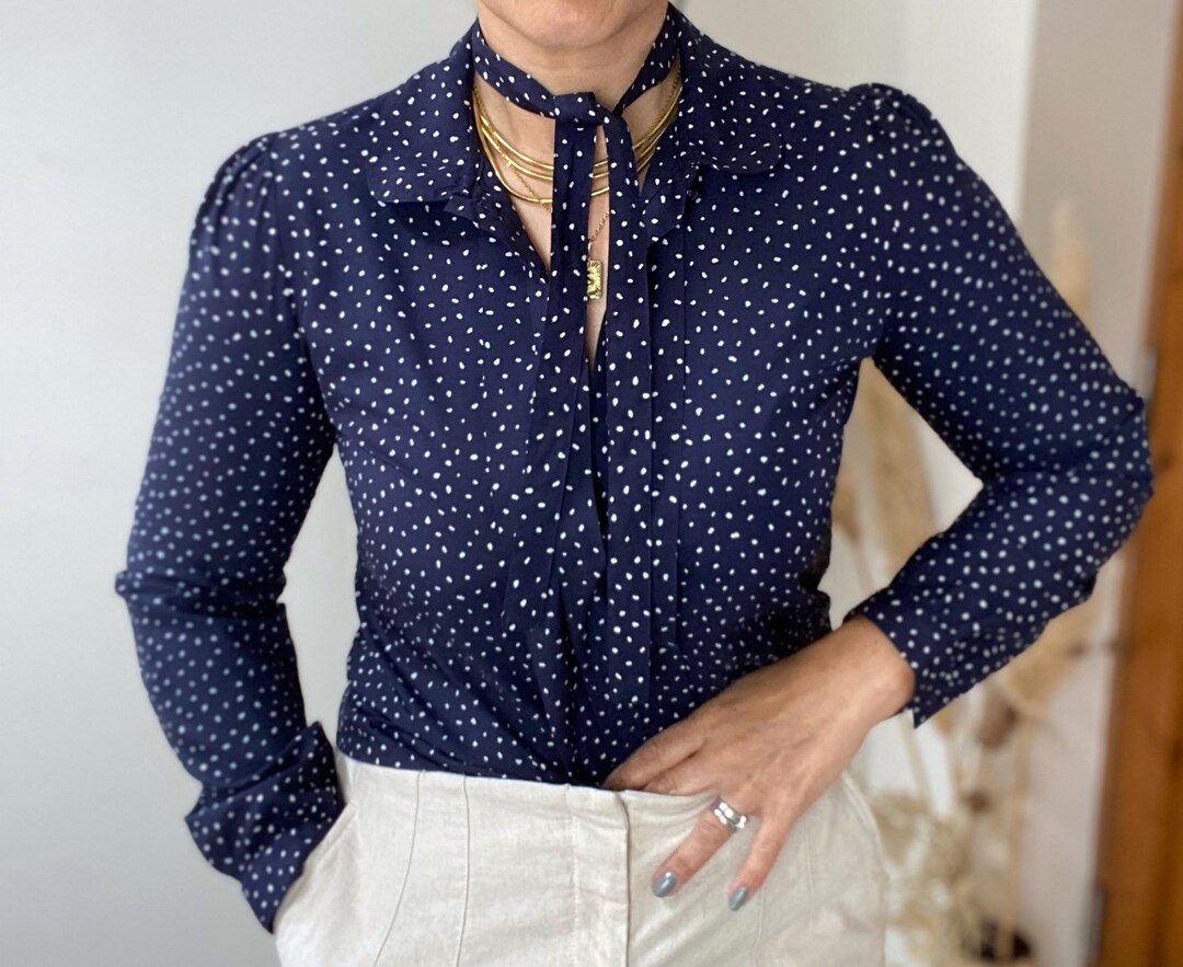 1980s Super Chic Vintage Blue Polka Dot Blouse, Spotty Print and Neck ...