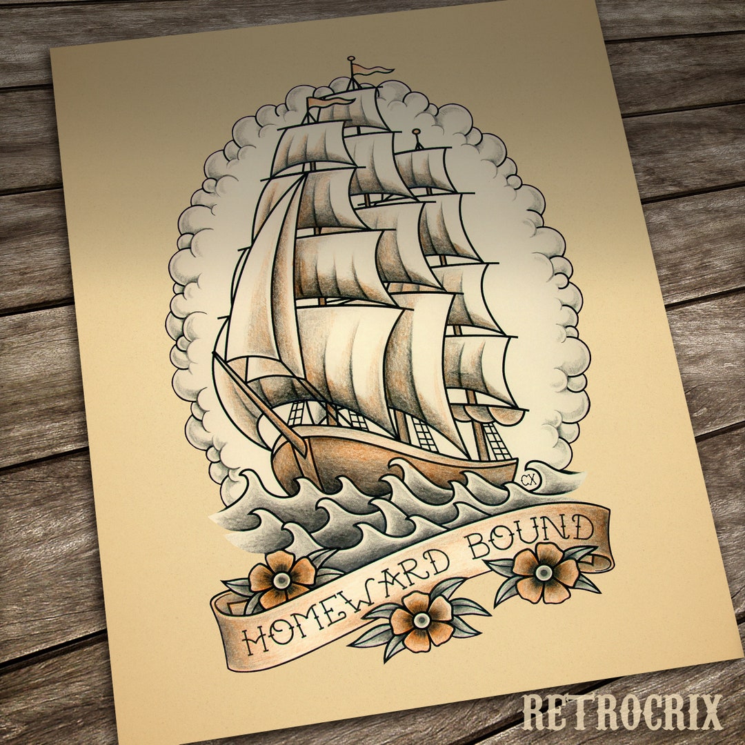Sailboat Tattoo Print. Nautical Traditional Tattoo. Old School Tattoo ...