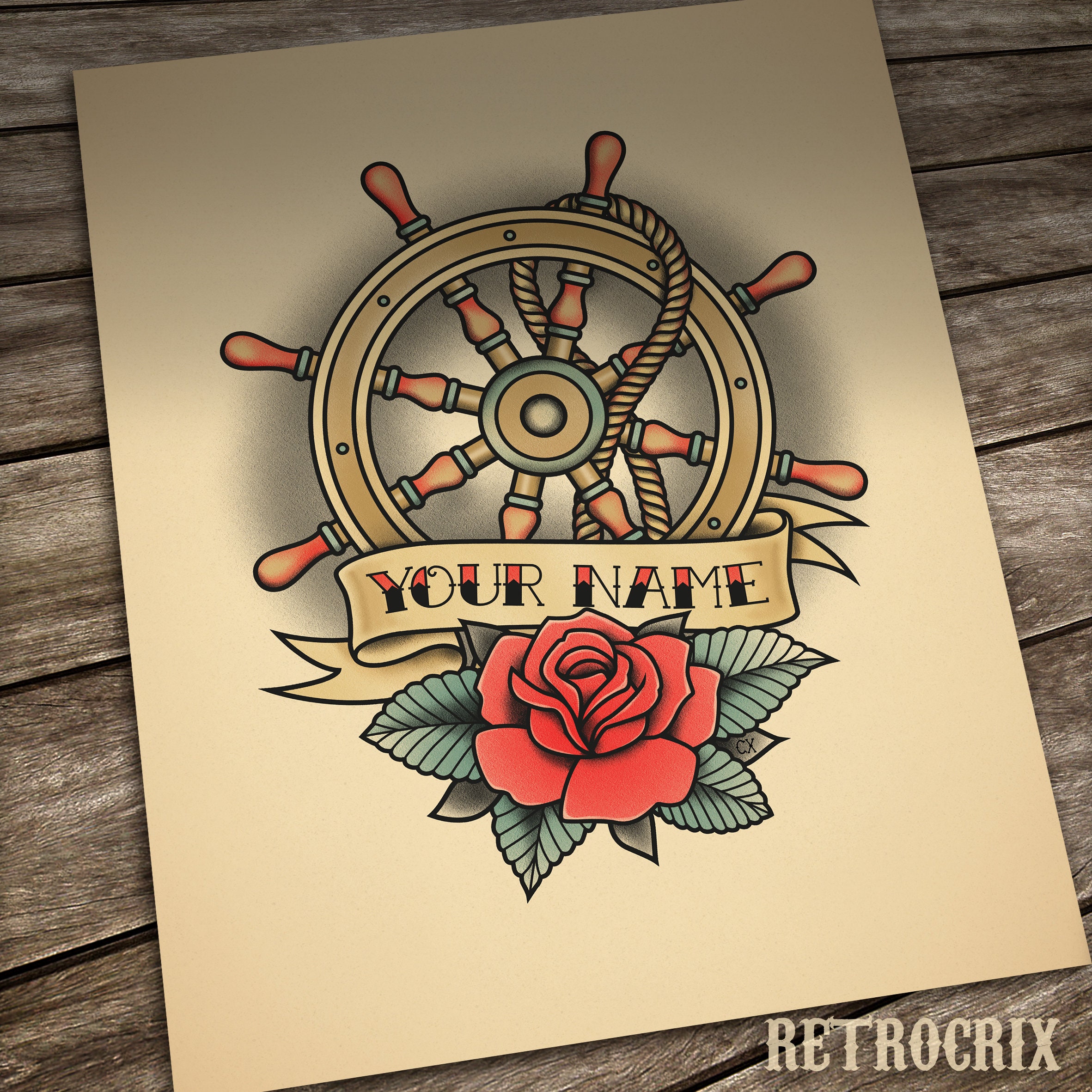 Custom Name Tattoo. Ship Wheel Tattoo, Helm Tattoo, Rudder Tattoo ...