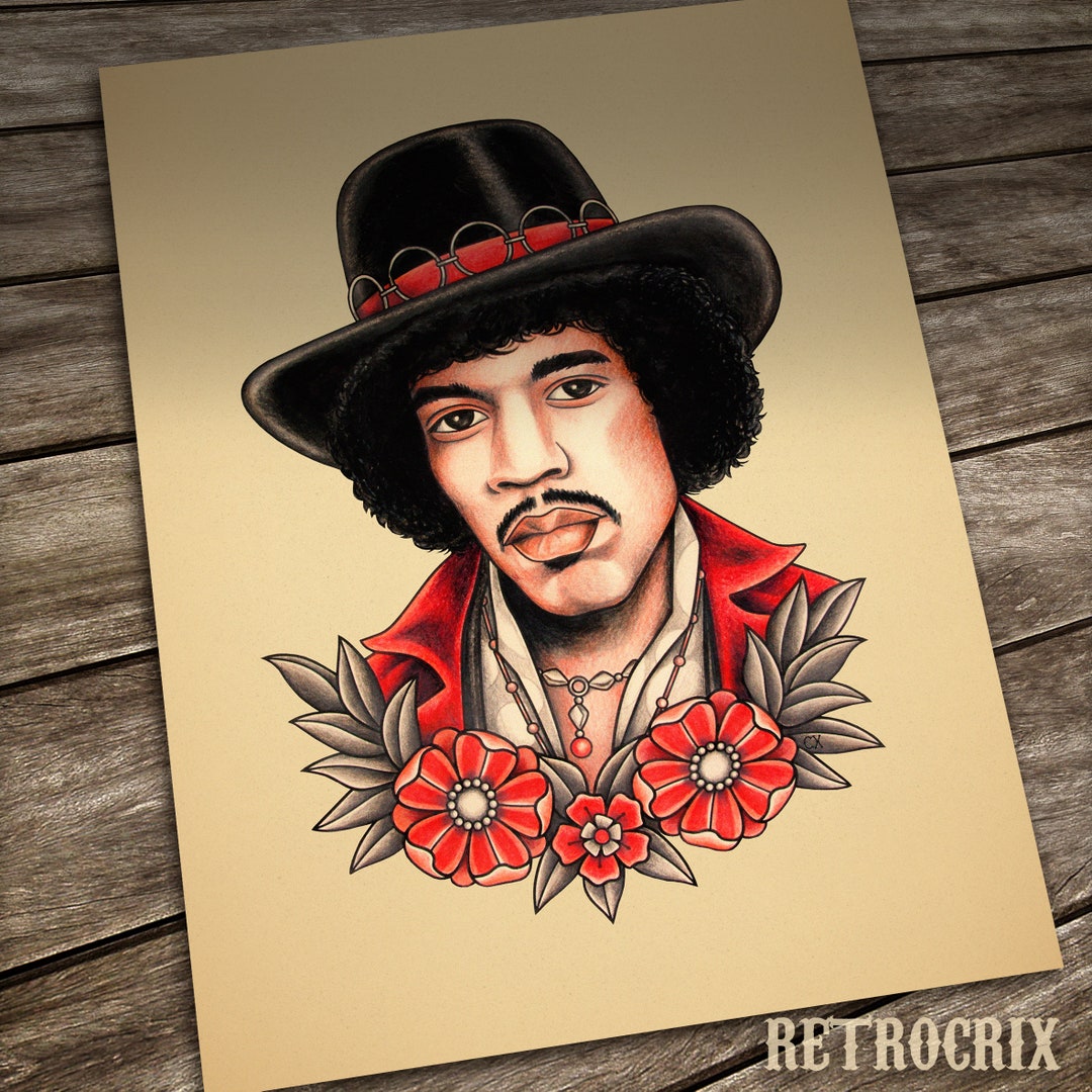 Jimi Hendrix Tattoo Print. Old School Tattoo. Portrait in Traditional ...
