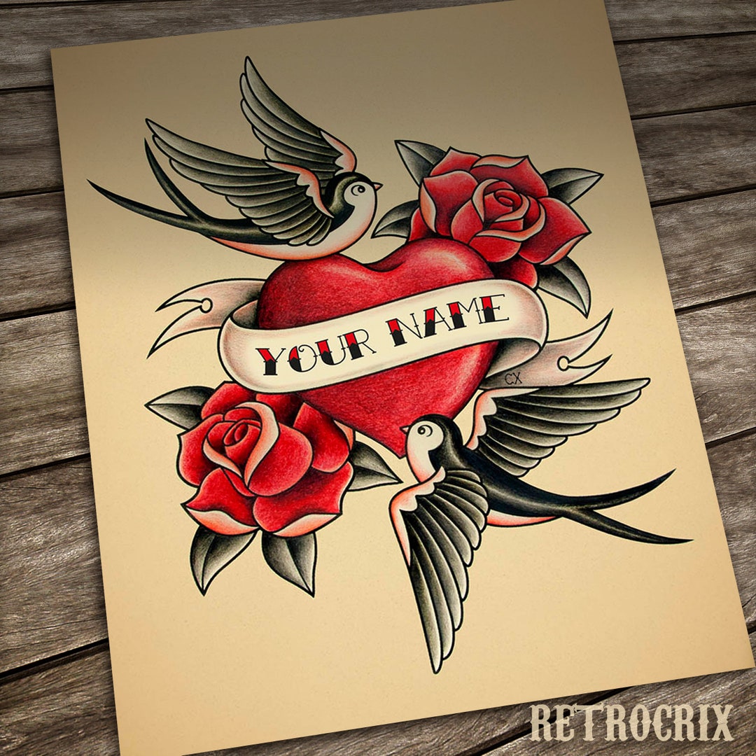 Custom Name Tattoo. Heart and Swallows. Personalized Old School Tattoo ...
