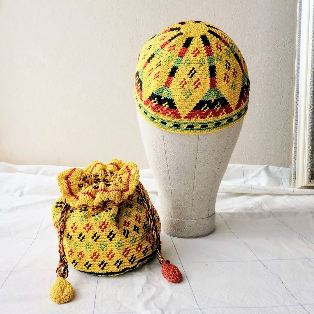 1920s 1930s Hat Purse Set/ Sunny Yellow Crochet Reticule Bag and Skull ...