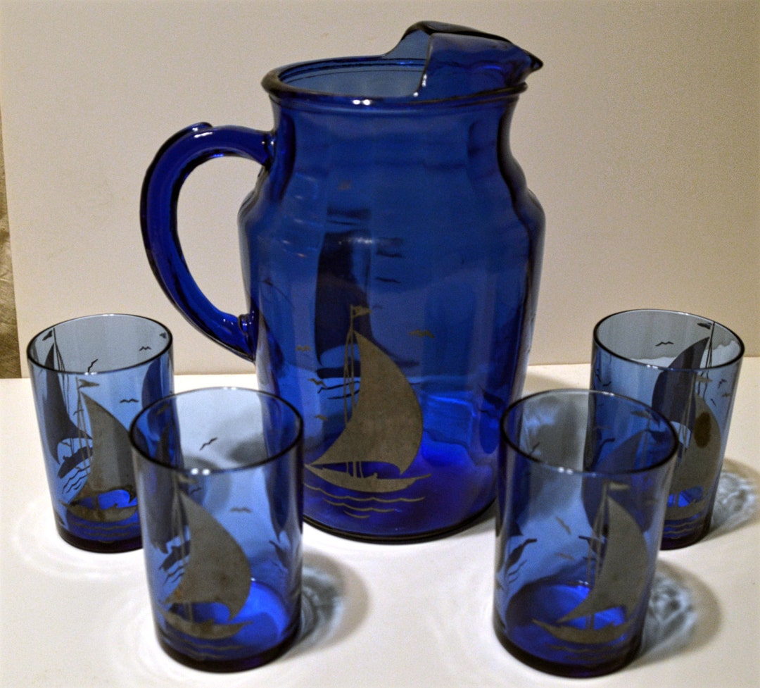 Vintage Blue "sailboat" Water Set - Etsy
