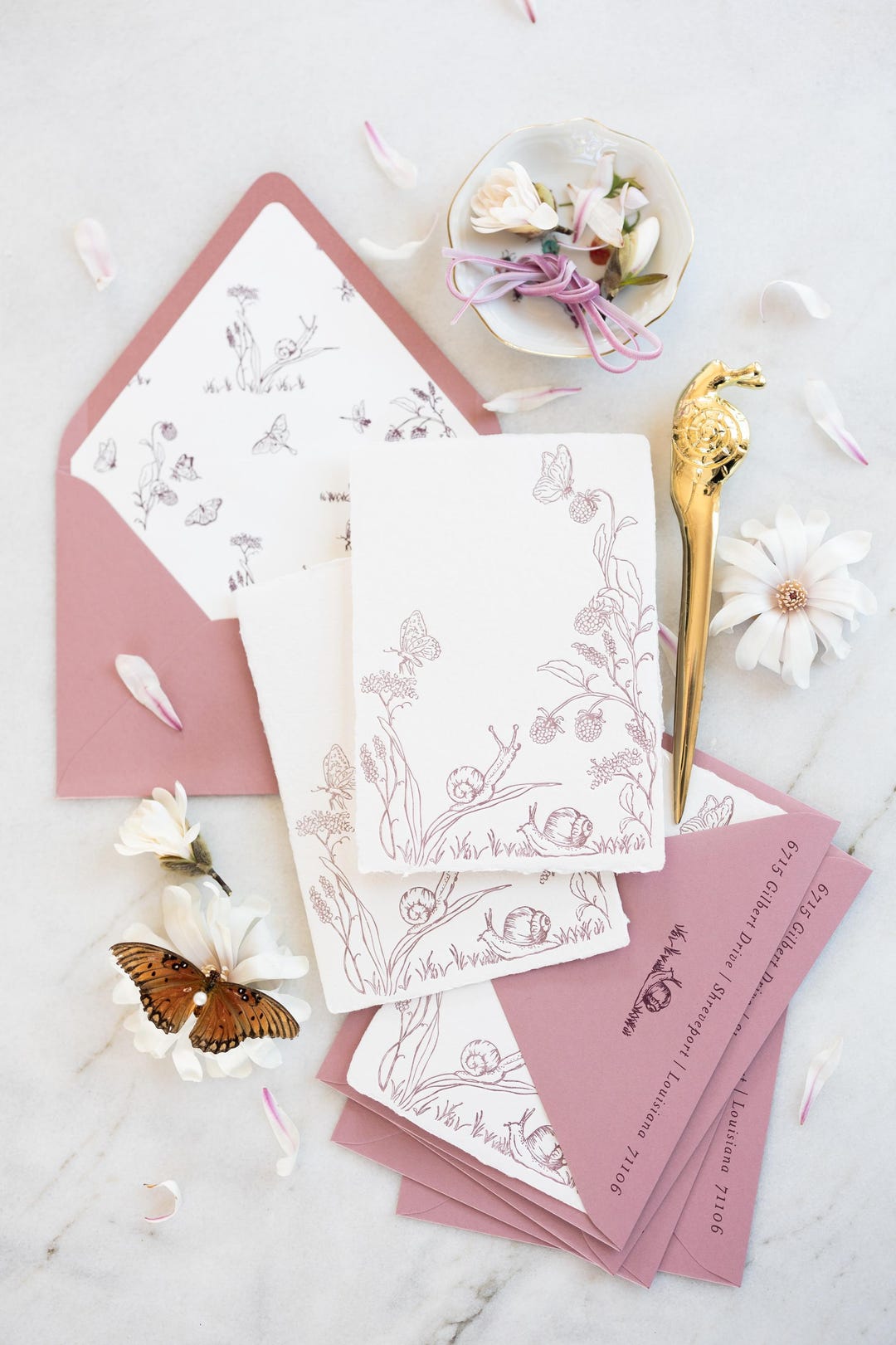 Snail Mail Note Card Set: Hand-drawn Letterpress Stationery, Rose ...