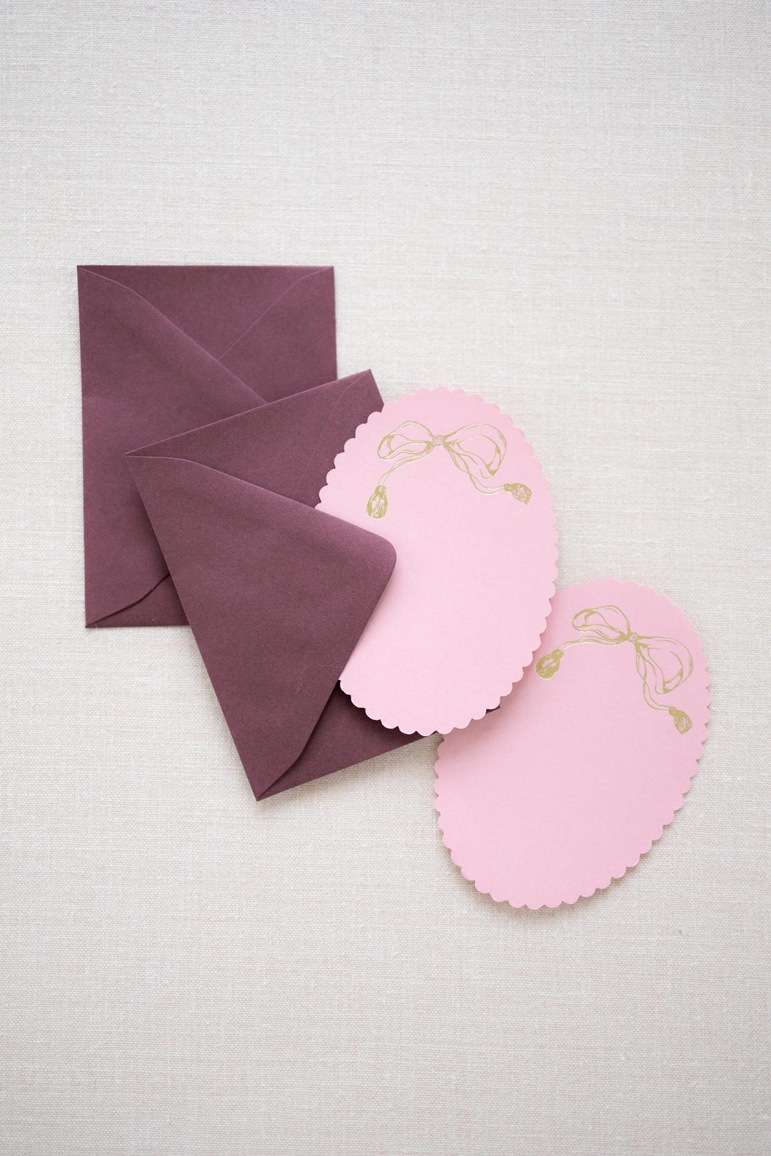 Pink Scalloped Note Cards: Gold Foil Bow, Merlot Envelopes (set of 5 ...