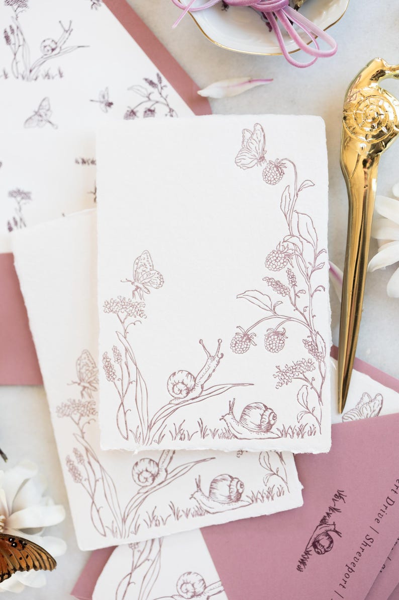 Snail Mail Note Card Set: Hand-drawn Letterpress Stationery, Rose ...